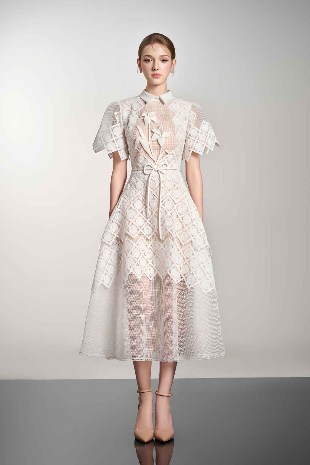 Yasmine White Floral-embroidered Midi Dress