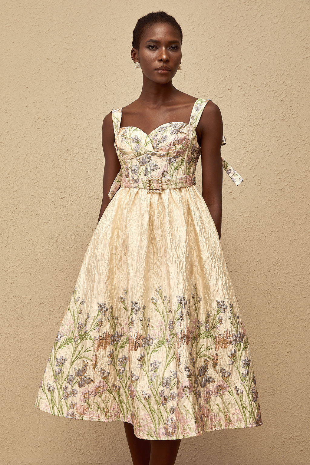 Inaya Neutral Jacquard Floral Midi Dress (Final Sale)