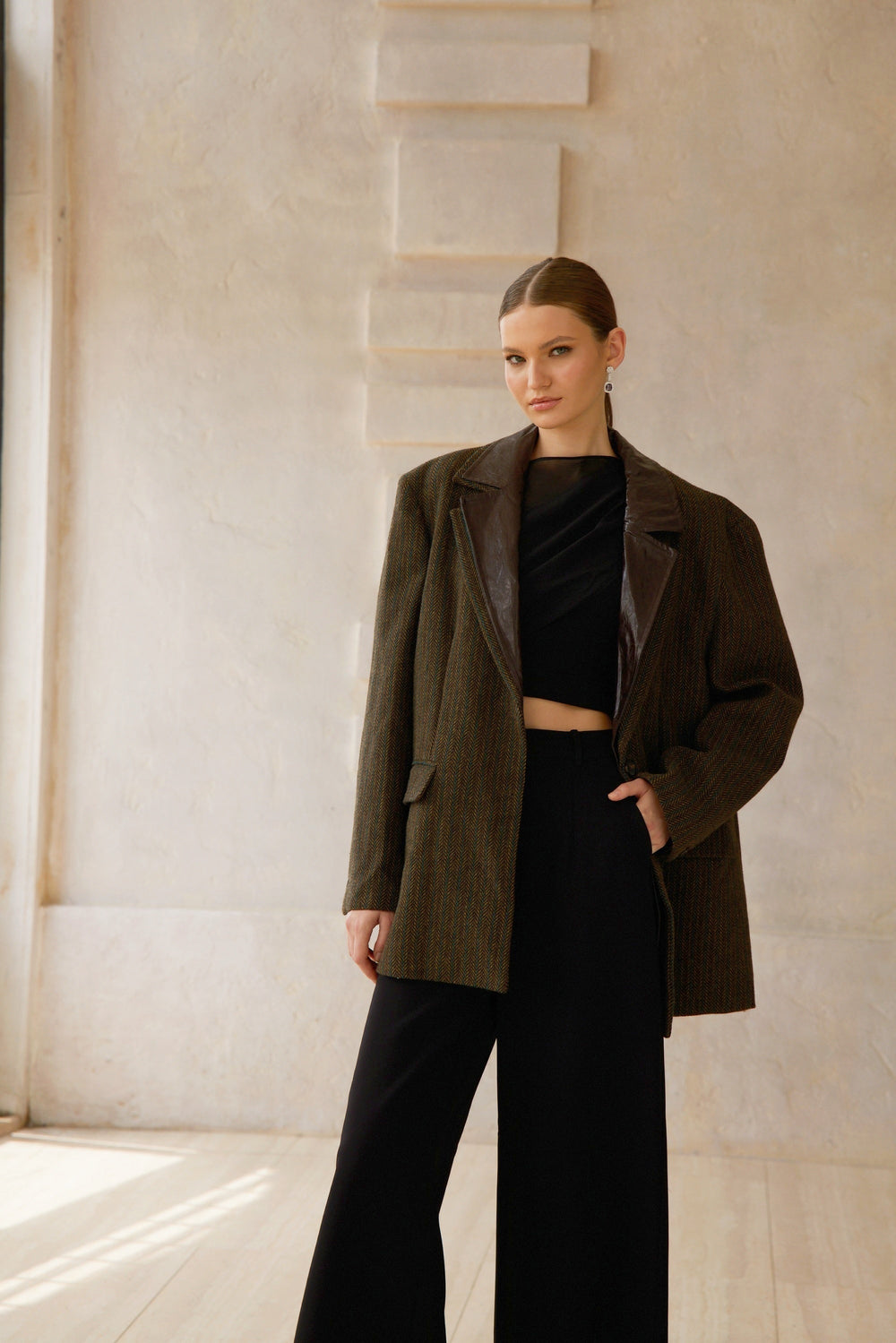 Amber Brown Leather Panel Herringbone Tweed Blazer - brown