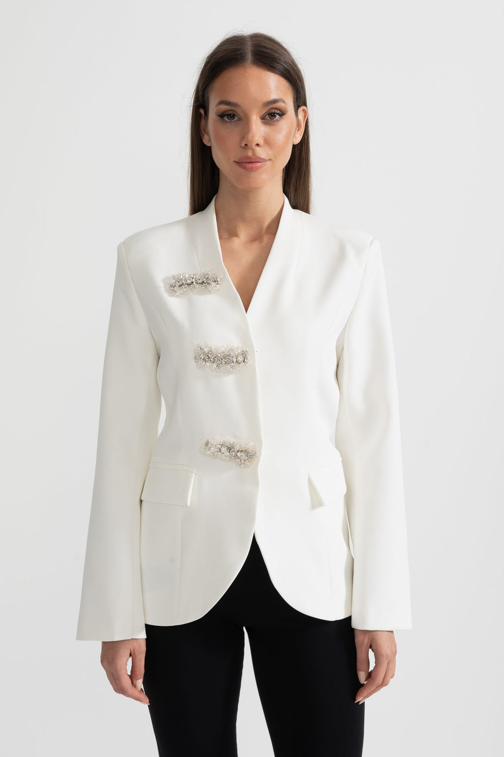 Tailored Blazer With Structured Shoulders And Silver Floral Clasps - W